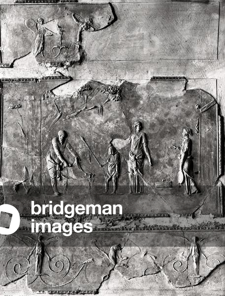 Image of Dionysiac scene, from a Roman villa (stone) (b/w photo) by Roman