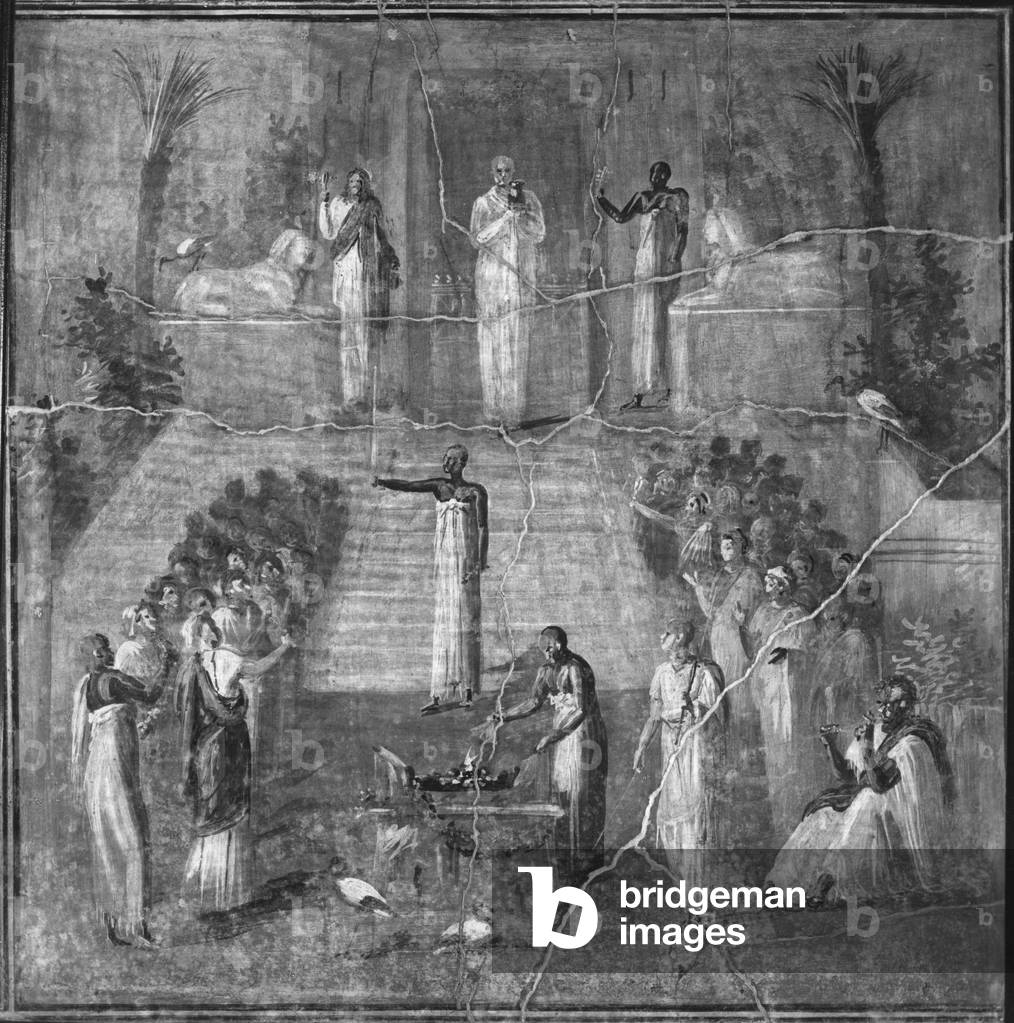 Image of Ceremony of the Cult of Isis, from Pompeii (fresco) (b/w by Roman