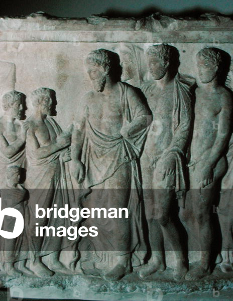 Image of Aesculapius, son of Apollo, holding a caduceus, with his two ...