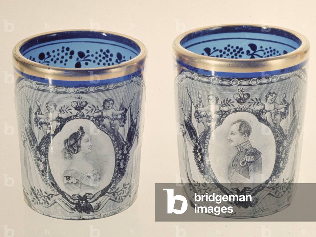 Image of Pair of blue transfer beakers showing the figures of the