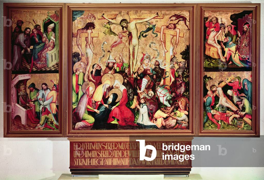 Image of The Crucifixion, triptych with side panels depicting scenes from the by German School ...
