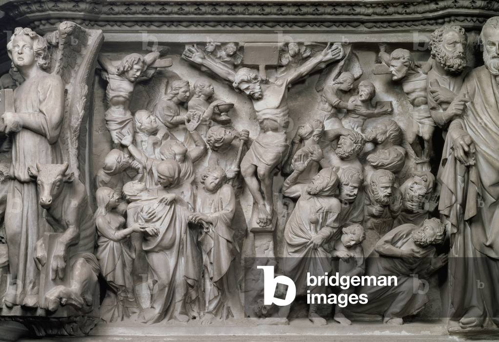 Image of Crucifixion scene: detail of relief from the top of the