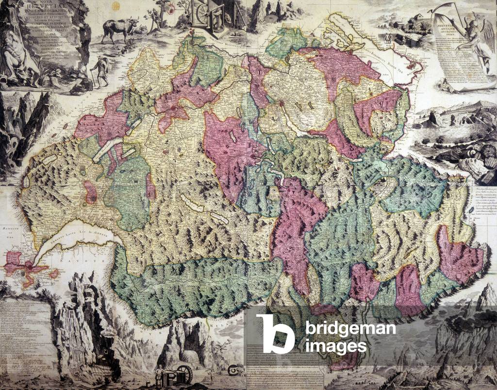 Image of Map of Switzerland, 1740. Showing the country divided into ...