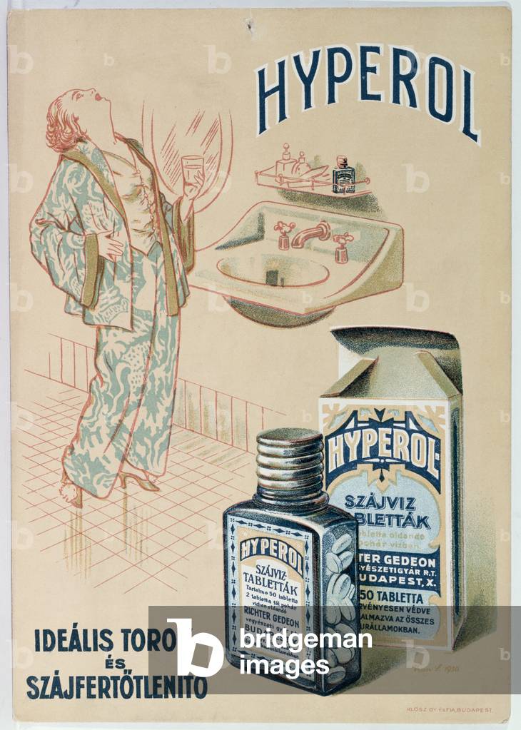 Advertisement for 'Hyperol' mouthwash tablet, 1930 (colour litho)