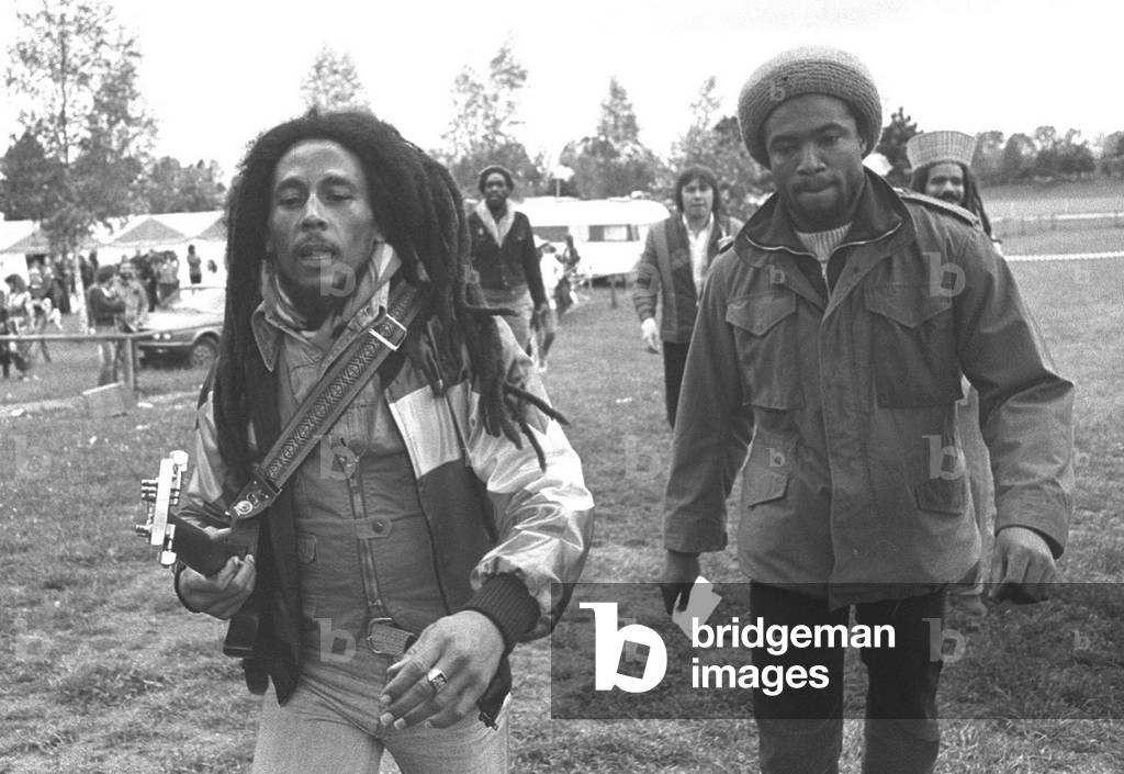 Image of Bob Marley during a concert in Munich, Germany, 1980 (b/w
