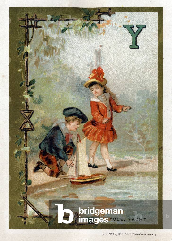 Image of Yole Yacht. Alphabet on the theme of games. Chromolithography of