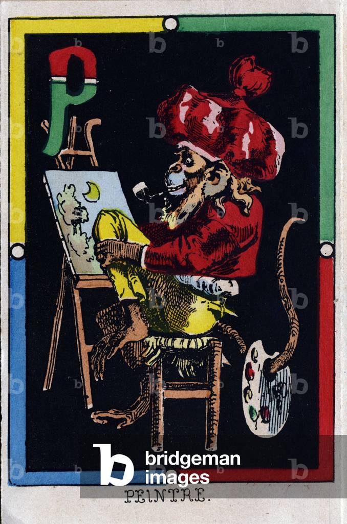 Image of Letter P as painter. Alphabet of monkeys. Wood engraving ...
