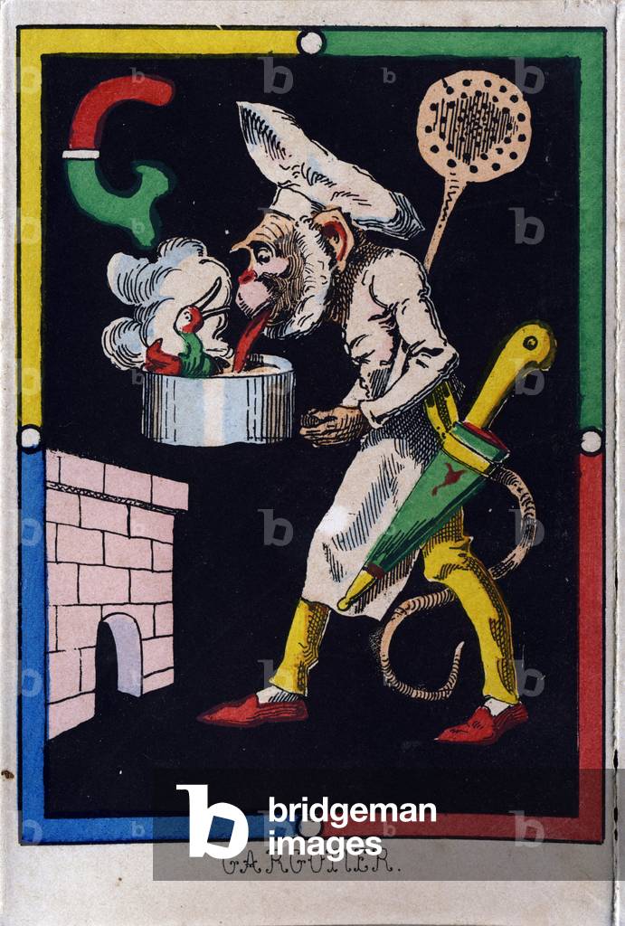 Letter G as gargotier. Alphabet of monkeys. Wood engraving. Imaging of ...