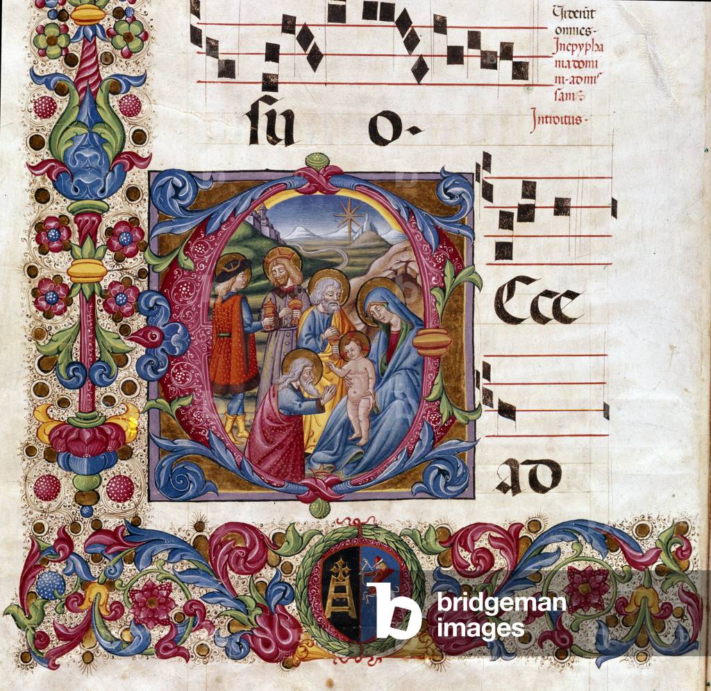 Image of ""Lettrine O avec representation de l'Adoration des Mages ...