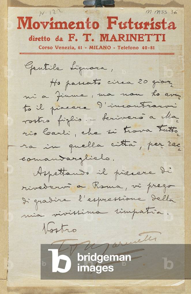 Image of Futurism : Letter by Filippo Tommaso Marinetti (1876-1944 ...