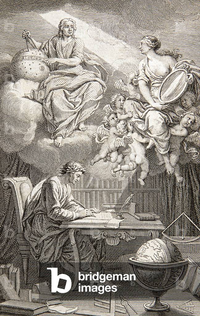 Image of The philosopher Voltaire writing in his office, above him Isaac