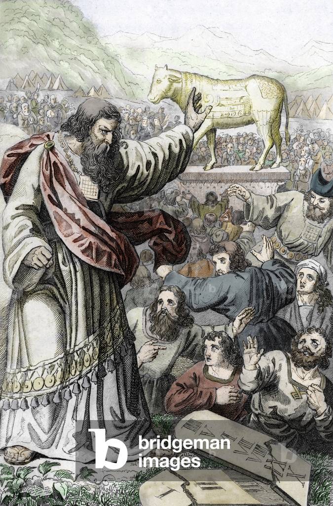 Image of Moses finds the Israelites worshiping a golden calf and breaks