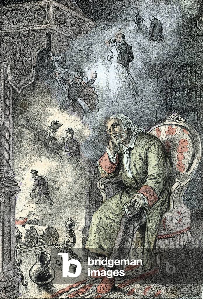 Image of An old man remembering his life stages (marriage, war, death ...