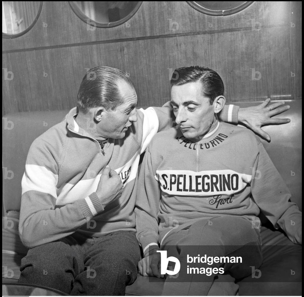 Image of Gino Bartali and Fausto Coppi at a press conference at