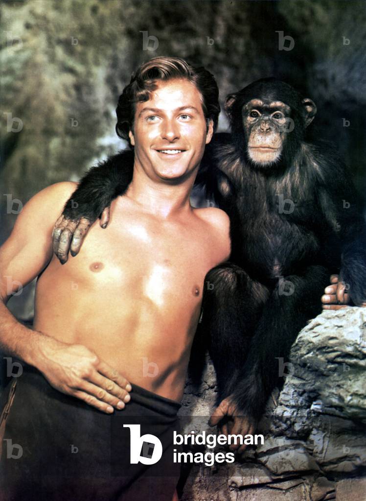 Image of Lex Barker (Tarzan) and Chimp Chimp (Chita) during the shooting