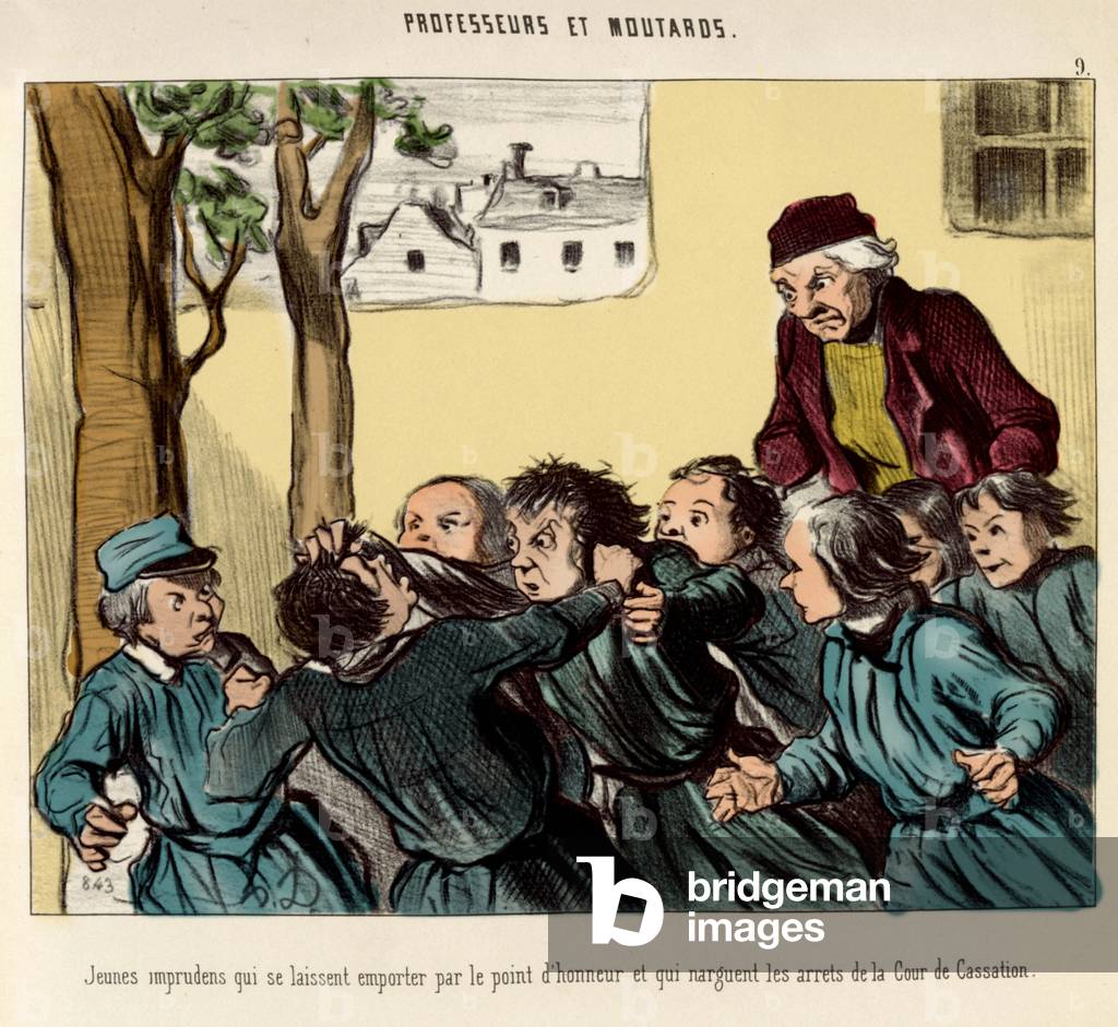Image of Education: fight between classmates. Drawing by Honore Daumier ...