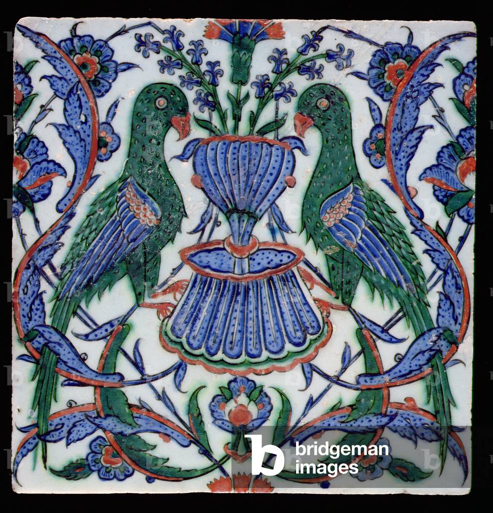 Image of Tile with two parrots, Turkish, Isnik, 17th century