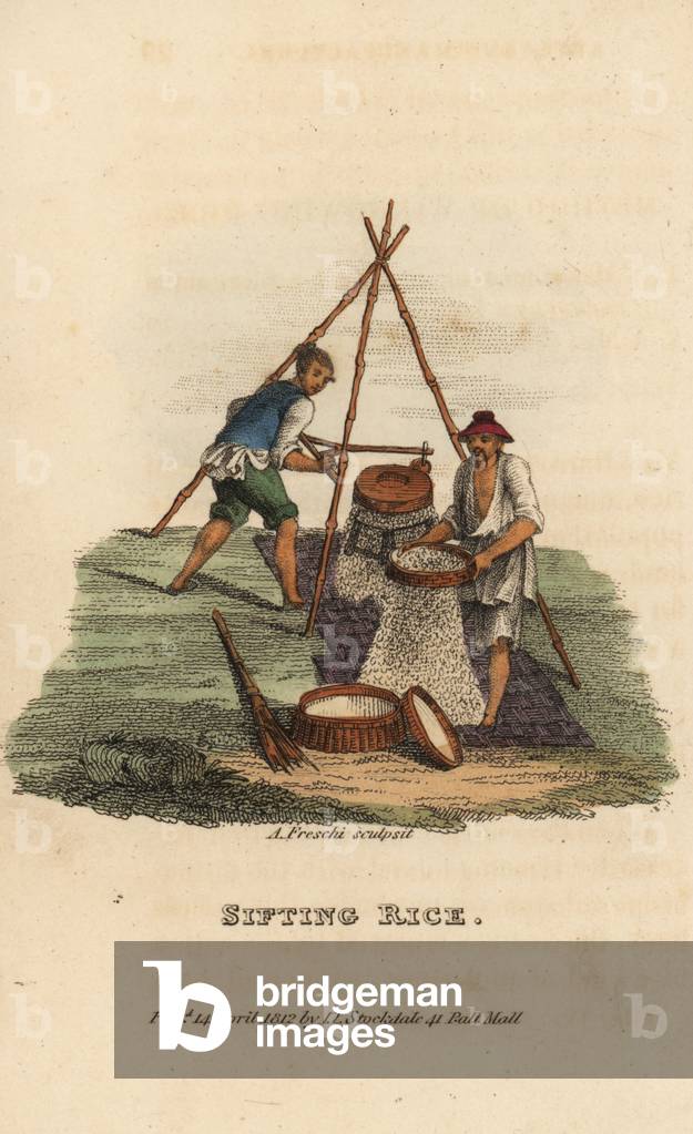 Image of Chinese men sifting and winnowing rice with sieves, Qing Dynasty.