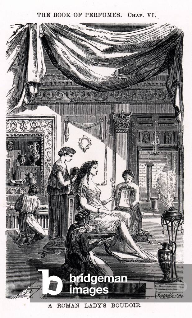 Image of In a boudoir of ancient Rome, a woman has her