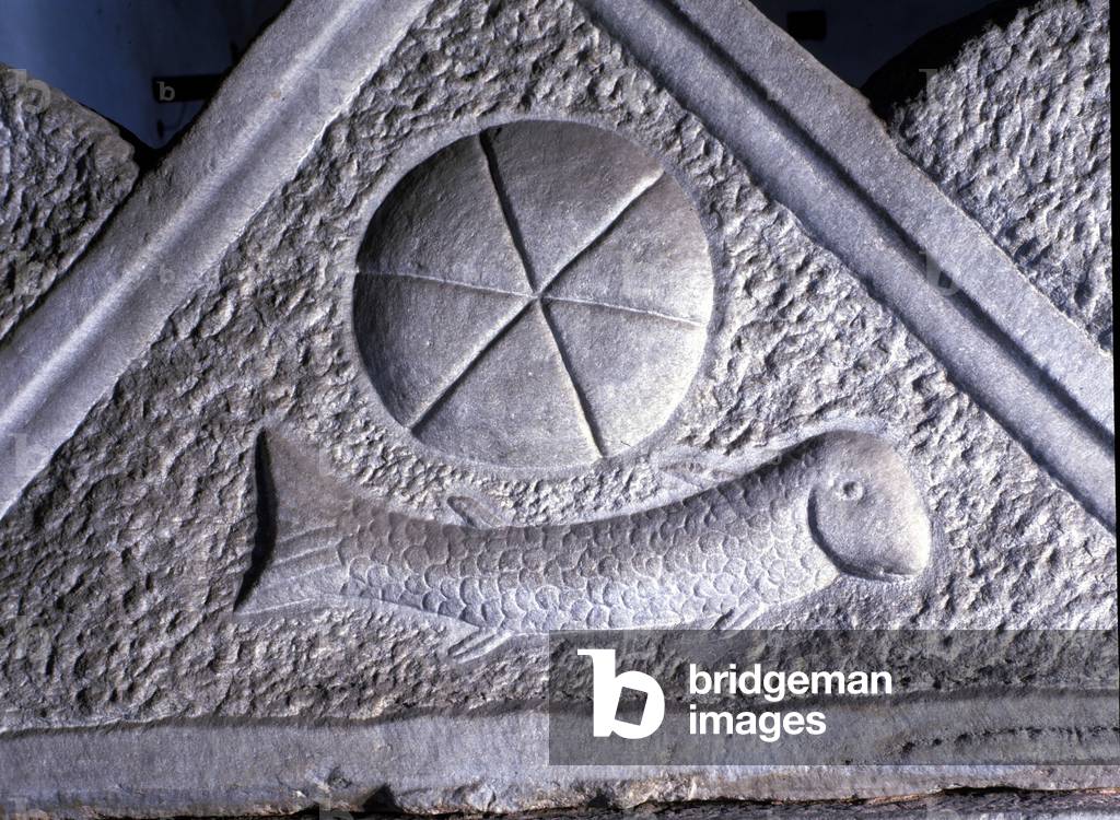 Image of The fish Ishtus on a sarcophagus of the late Roman by Roman ...
