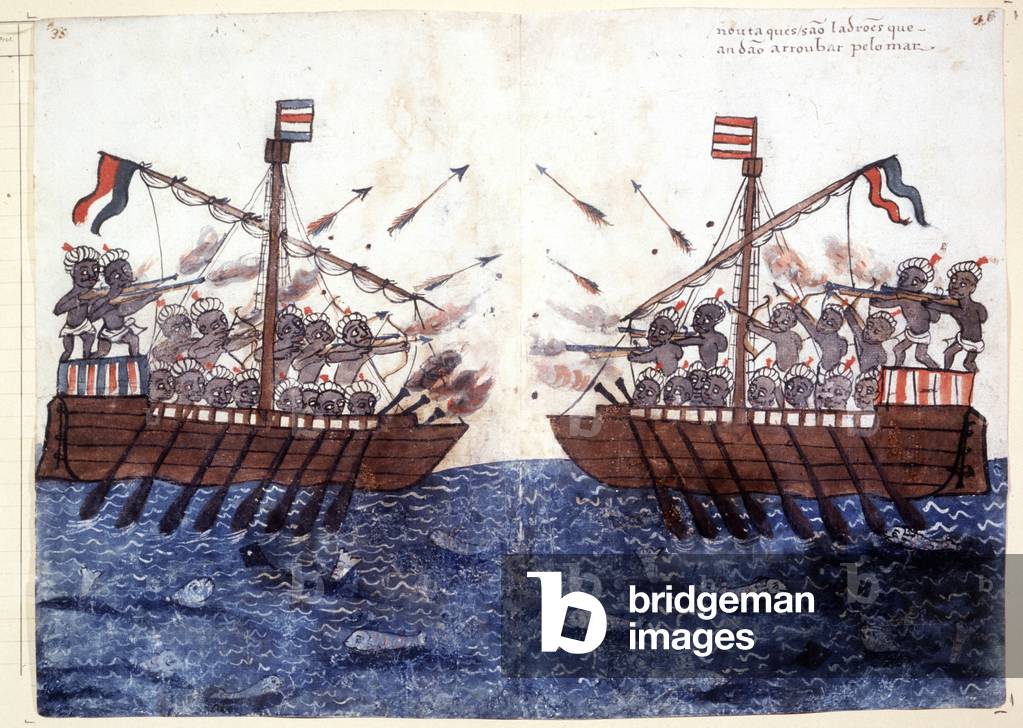 Image of 16th century engraving depicting the encounter with a pirate ...