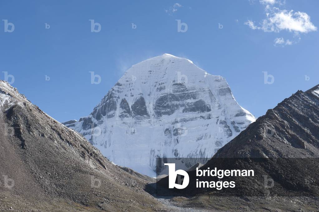 Image of Tibetan Buddhism; snow-capped sacred Mount Kailash; north side ...