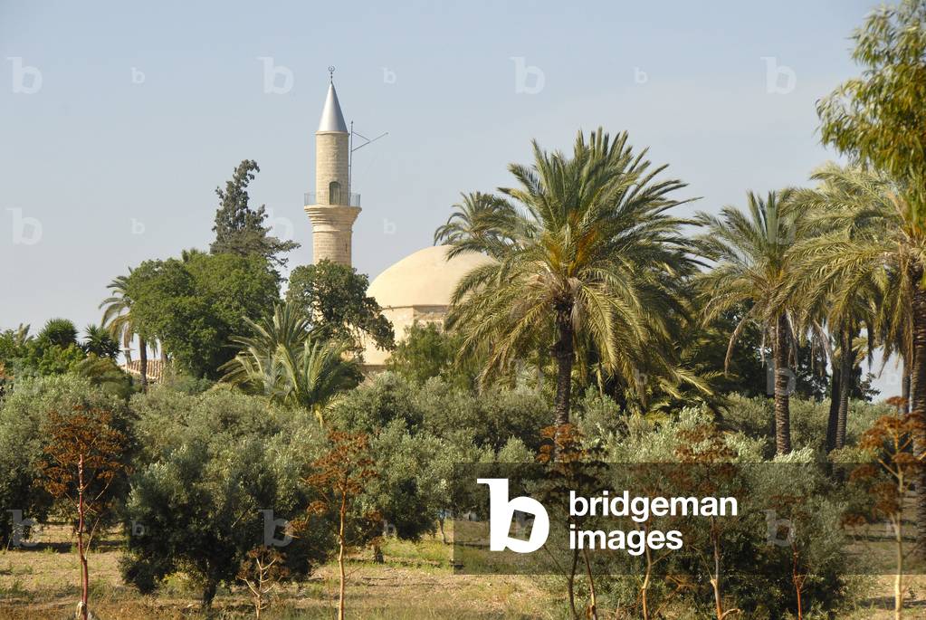 Image of Islam; minaret and Hala Sultan Tekke Mosque; sanctuary; palm ...