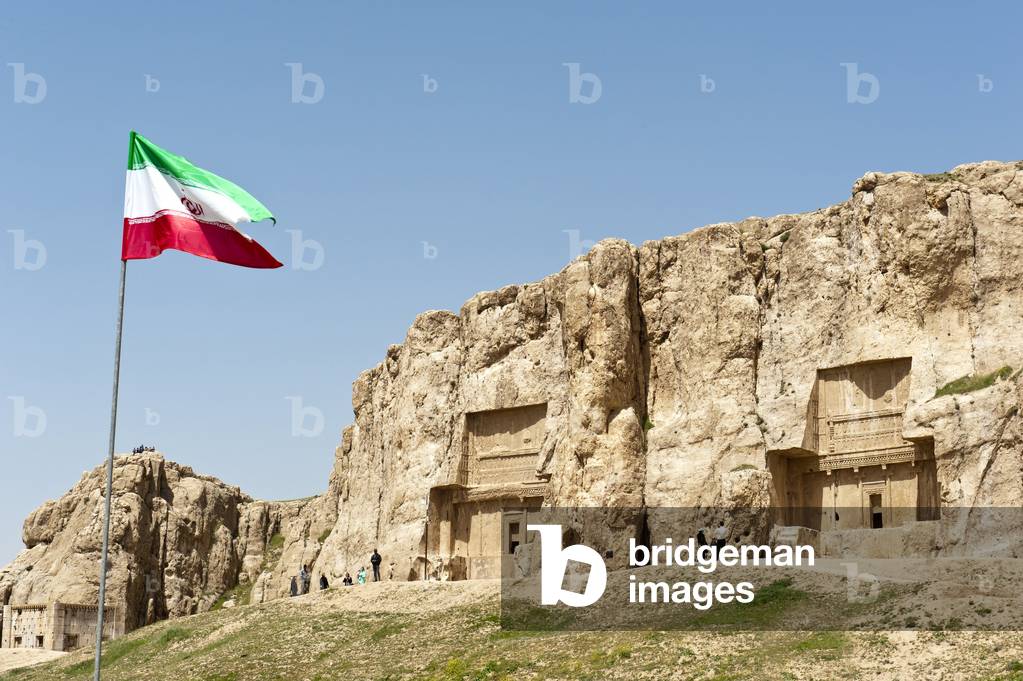 Image of Iranian national flag; two Achaemenid tombs; the graves of Darius
