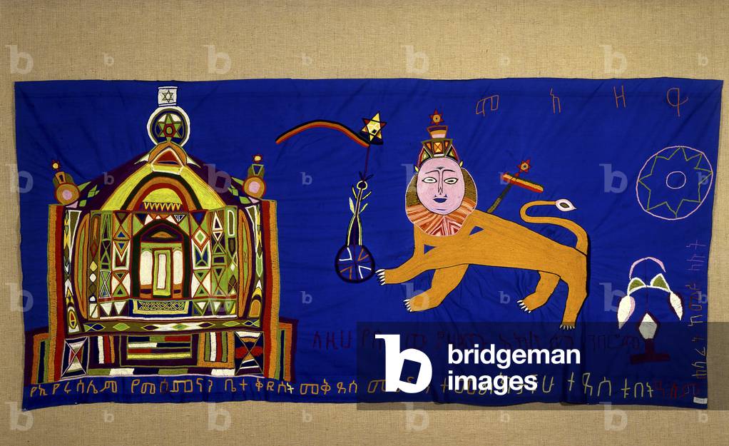 Image of Embroidered cloth depicting the Temple and Lion of Judah ...
