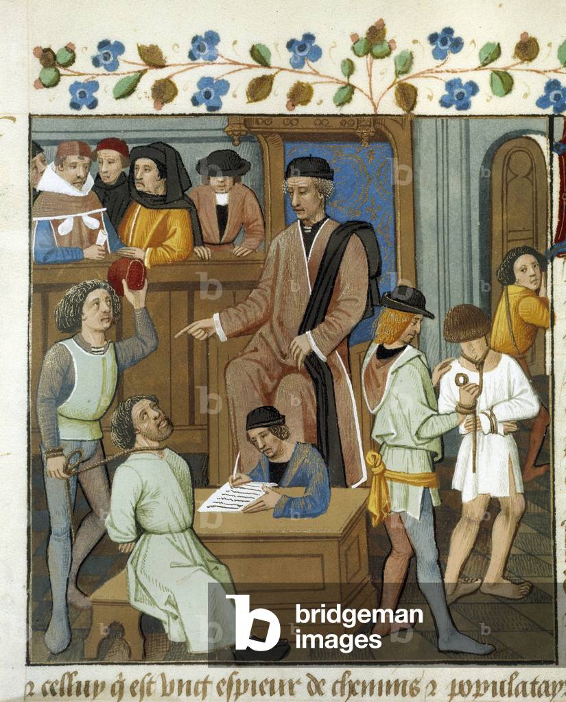 Image of Trial scene: the judge interrogates a convict wearing a rope ...