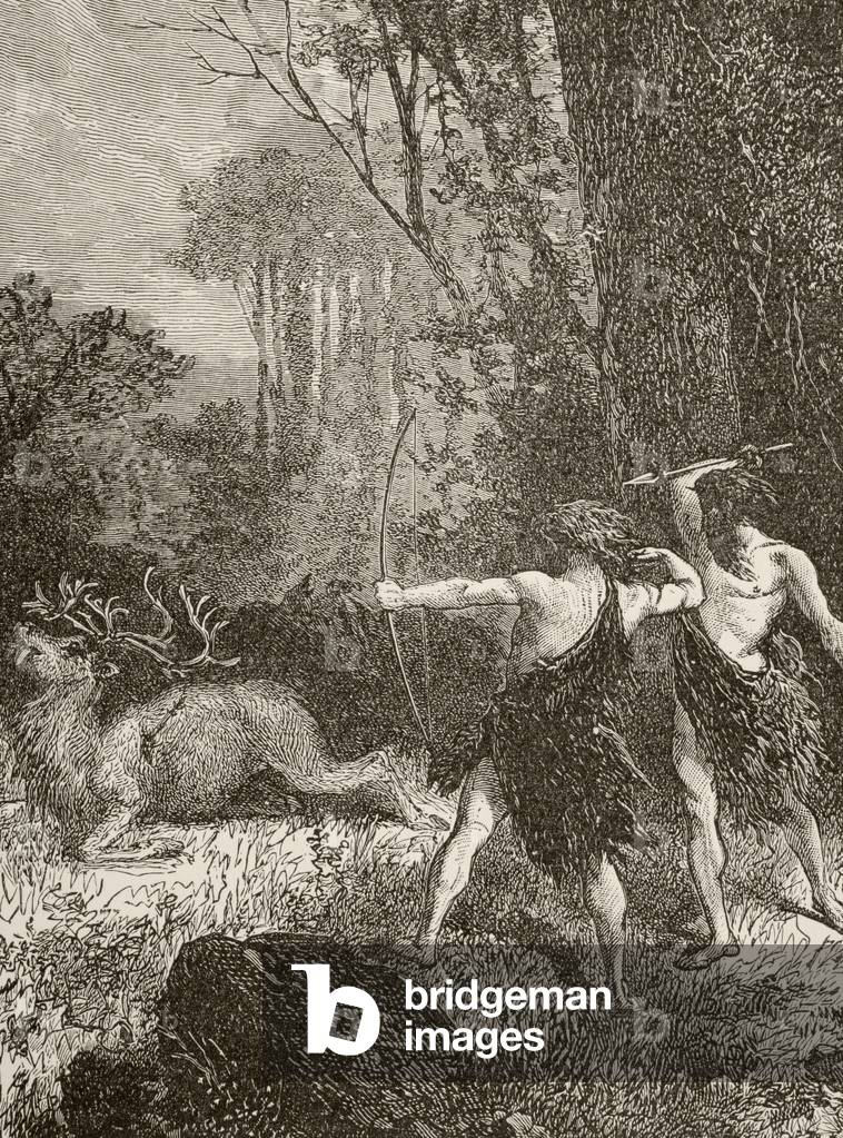 Prehistoric man hunting with bow and arrow and spear (litho) by English ...