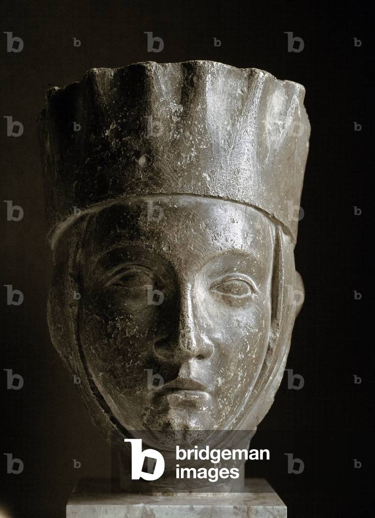 Image of Gothic art: woman's head with a turret. Limestone sculpture ...