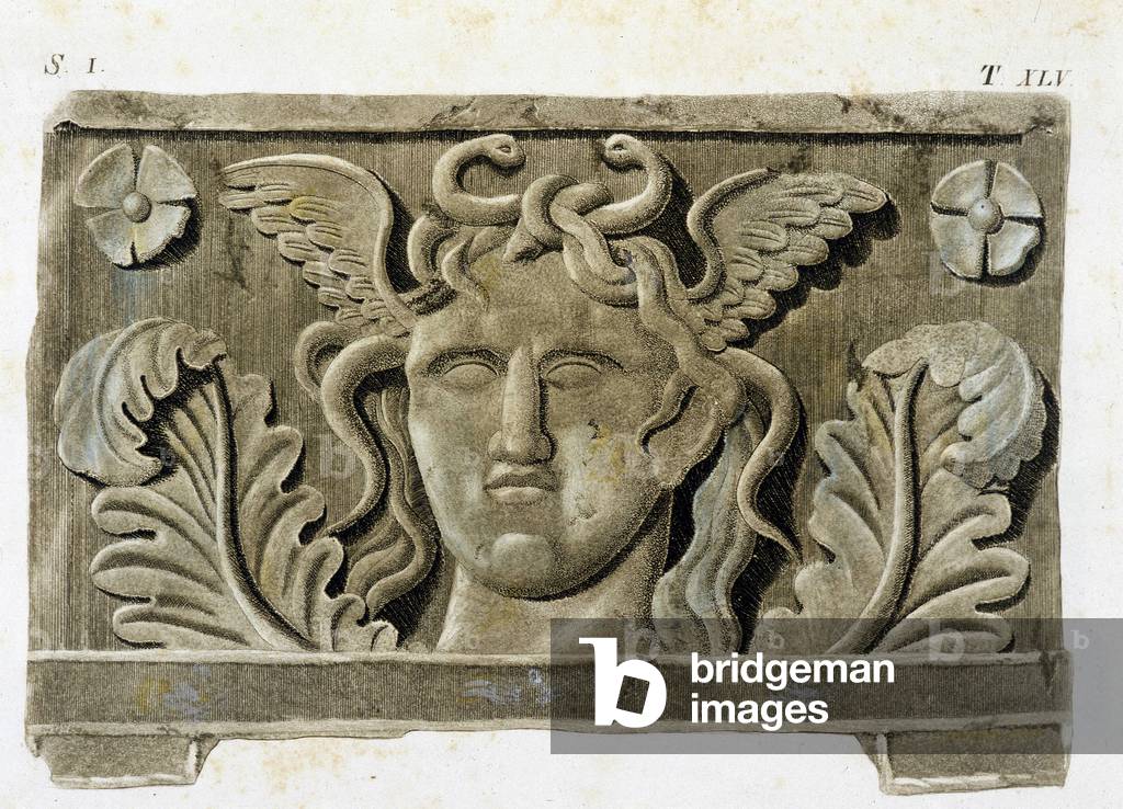 Image of Head of Medusa, one of the three Gorgones, stone bas-relief by ...