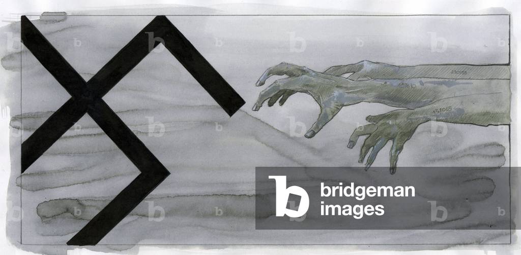 Image of Holocauste : croix gammee (svastika) et bras decharnes des ...