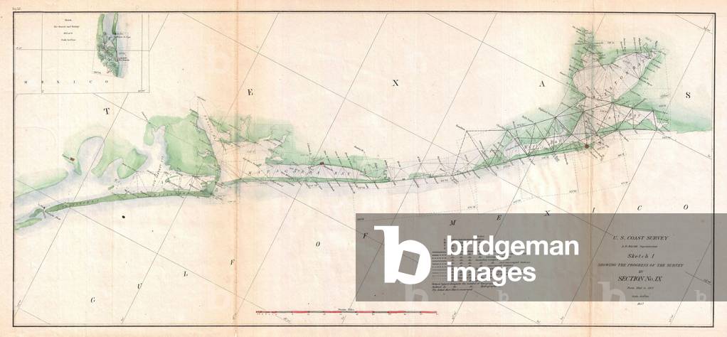 1857, U.S. Coast Survey Triangulation Map of Matagorda Bay to Galveston ...