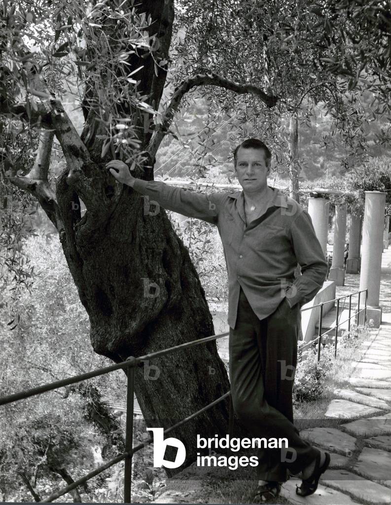 Image of The British actor Laurence Olivier poses in a garden lane