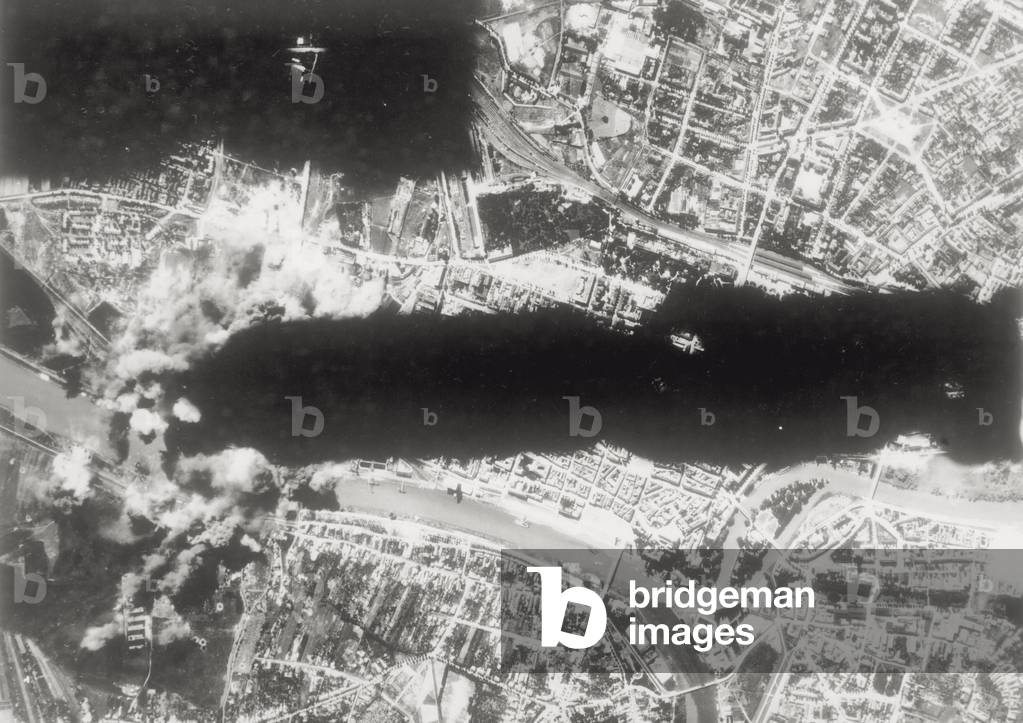 Image of Aerial view of the explosions and fires caused by the