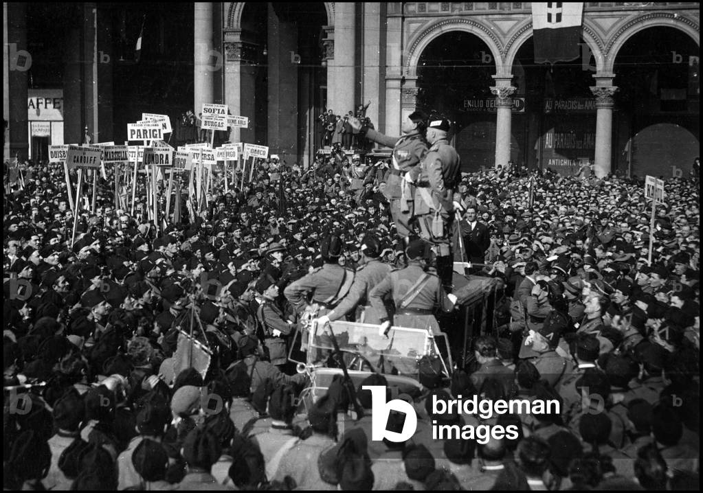 Image of The Italian head of the government Benito Mussolini addressing the