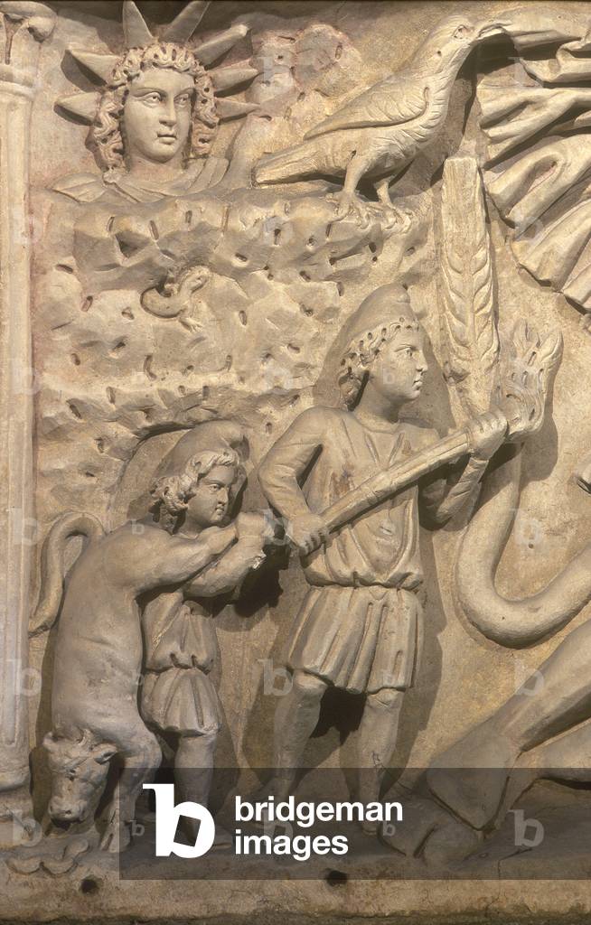 Image of Detail of the relief on the Mithraic Altar (marble) by Roman ...