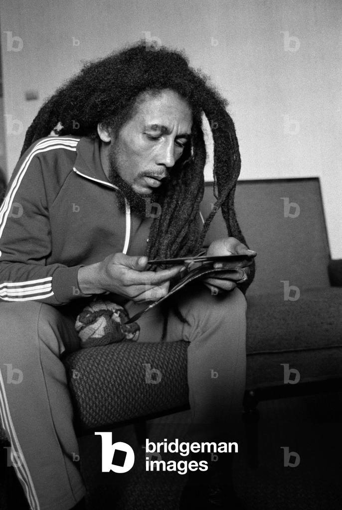 Image of Portrait of Jamaican reggae singer and guitarist Bob Marley. 1980