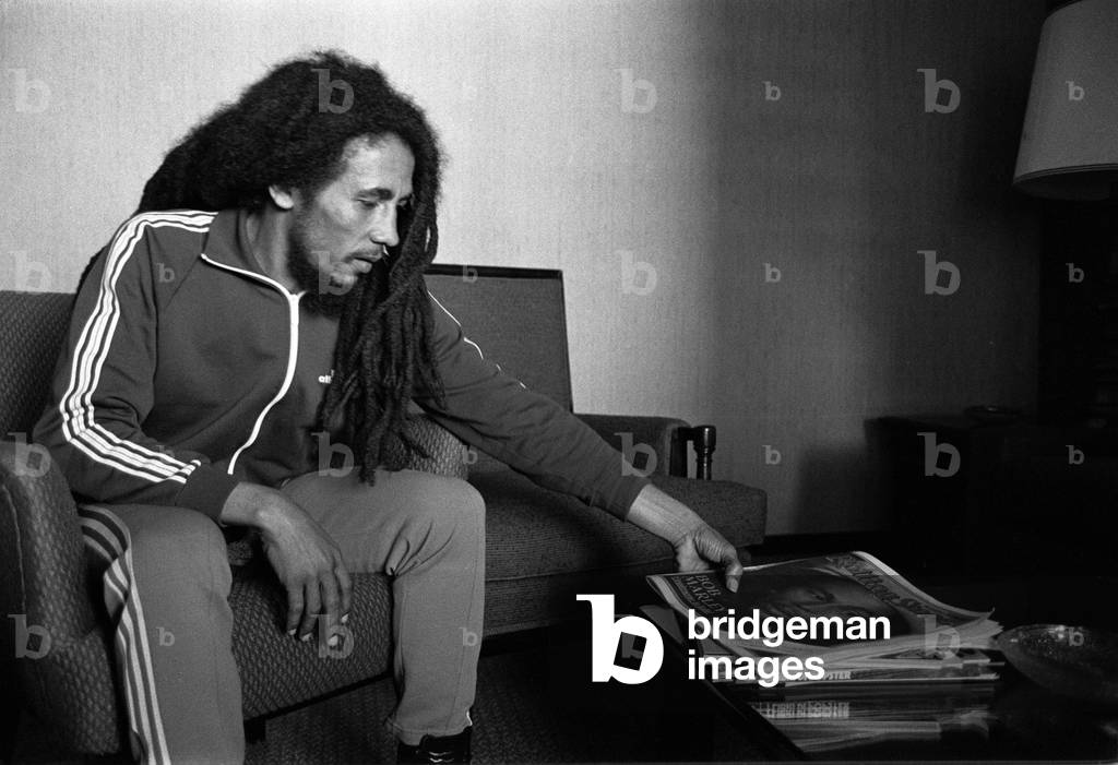 Portrait of Jamaican reggae singer and guitarist Bob Marley. 1980