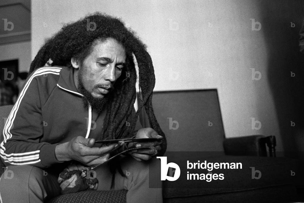 Portrait of Jamaican reggae singer and guitarist Bob Marley. 1980 by