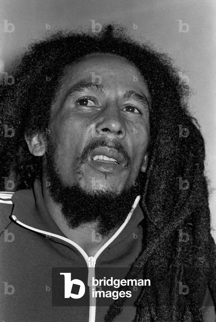 Image of Portrait of Jamaican reggae singer and guitarist Bob Marley. 1980