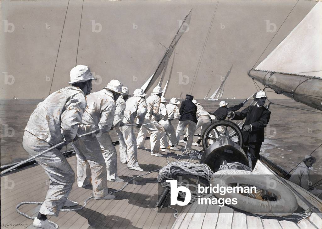 Image of Hoisting the main sail aboard the Brynhild, a racing boat, by ...