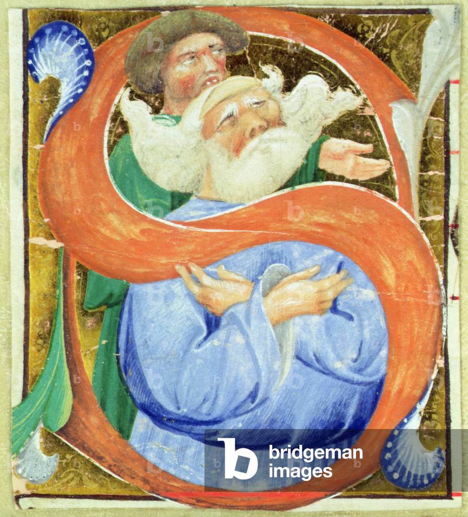 Image of Historiated initial 'S' depicting an old man praying (vellum ...