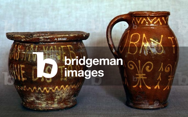 Image of Metropolitan slipware jug and pot, inscribed 'Obey the King ...