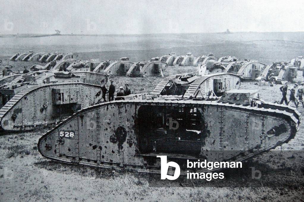 Image of Damaged British tanks behind the front line, 1917 (b/w photo)