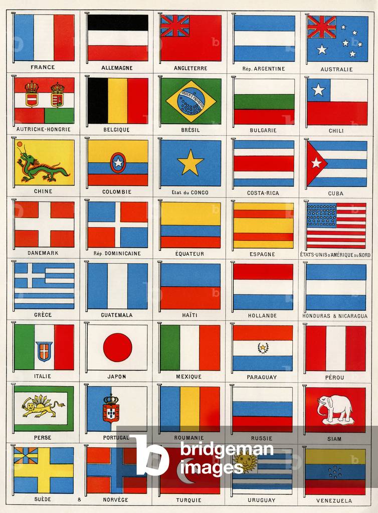 Image of Flags of forty countries, circa 1890. Colour lithography, 19th ...