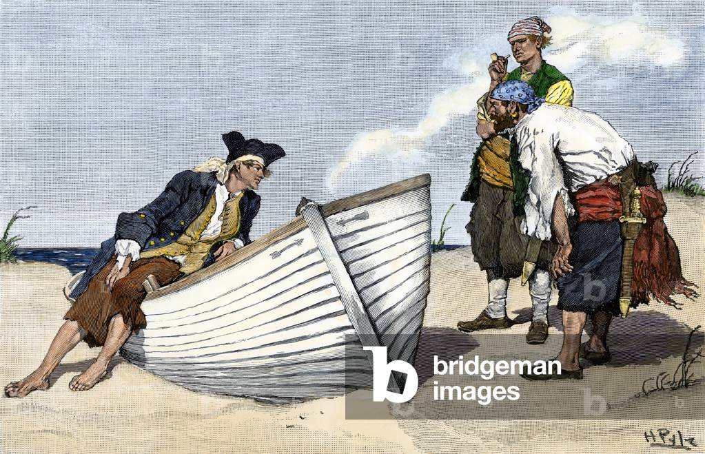 Image of Pirates chatting around a canoe on the beach of a