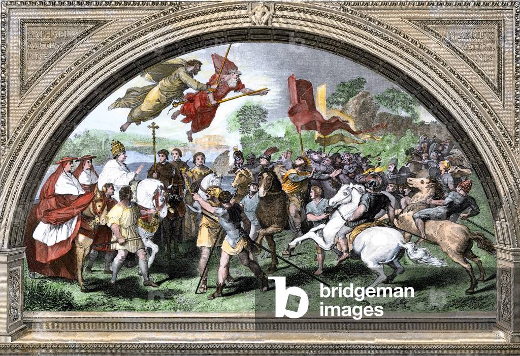 Image of Attila (ca. 406-453) and the Huns defeated by Christian forces.